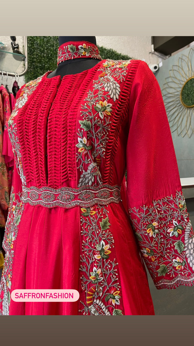 Red jamawar silk anarkali dress – Saffronfashionindia